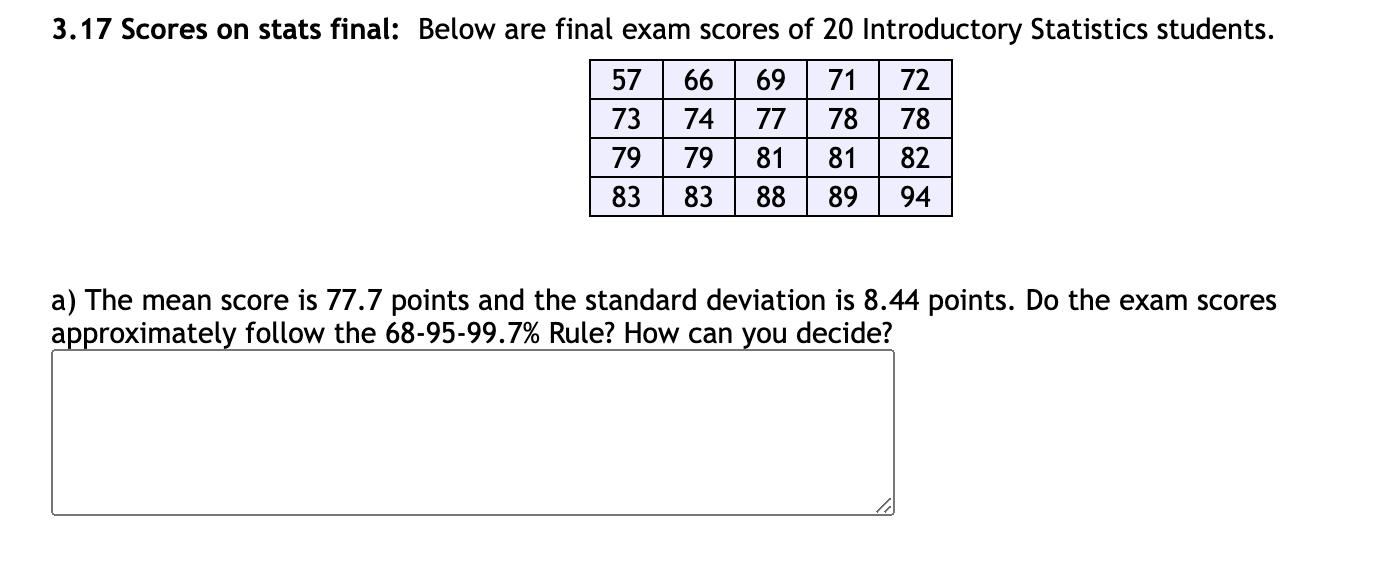 Solved 3.17 Scores on stats final: Below are final exam | Chegg.com