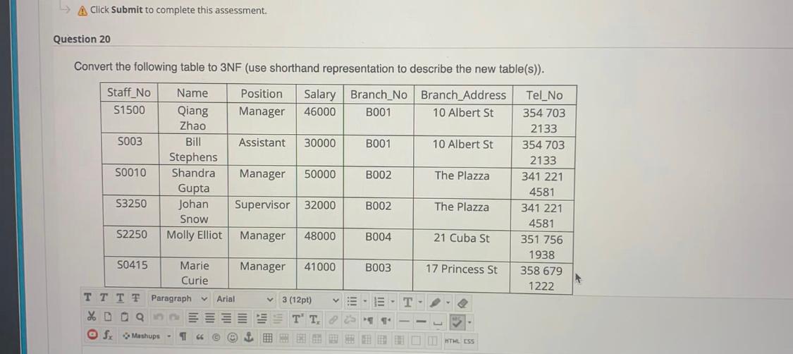 Solved Question 19 Convert the following table to 2NF (use | Chegg.com
