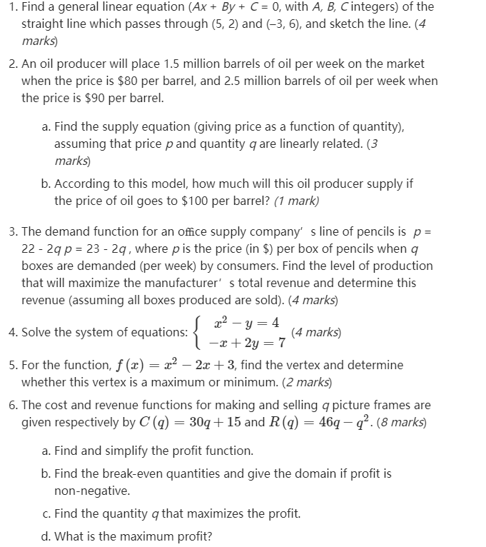 Solved 1. Find a general linear equation (Ax+By+C=0, with | Chegg.com