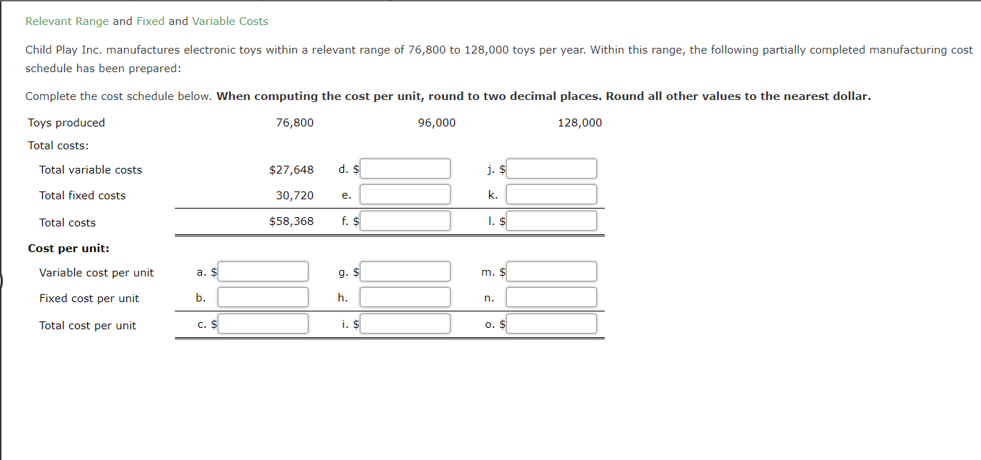 Solved Relevant Range and Fixed and Variable Costs Child | Chegg.com