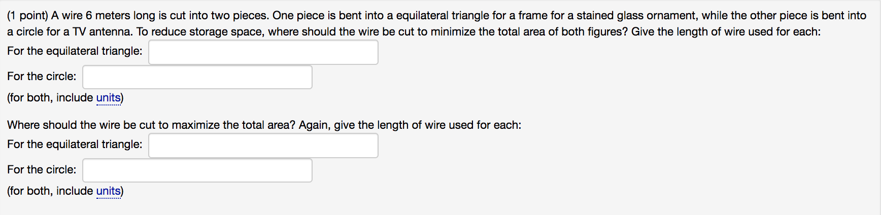 Solved (1 point) A wire 6 meters long is cut into two | Chegg.com