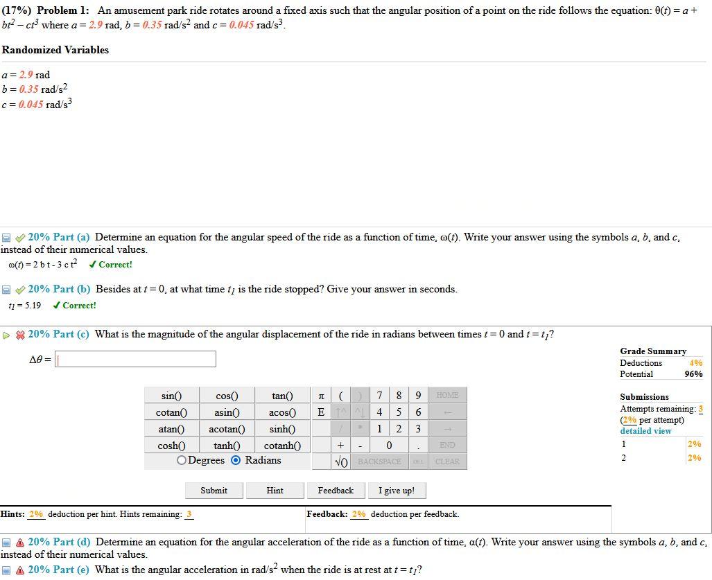 Solved (17%) Problem l: An amusement park ride rotates | Chegg.com