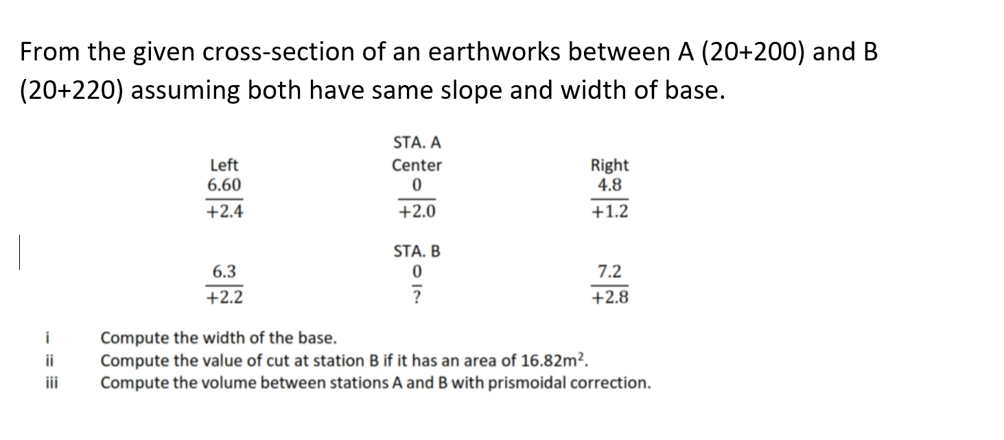 Solved From the given cross-section of an earthworks between | Chegg.com