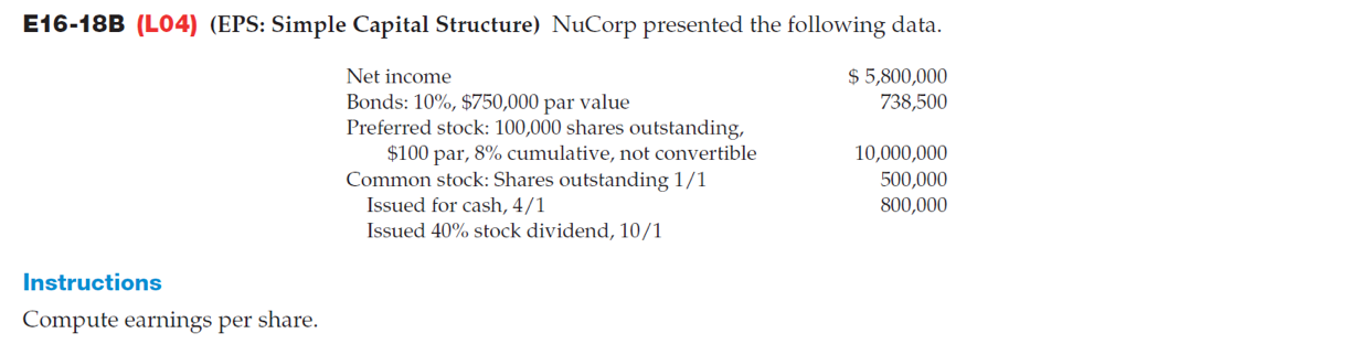 Solved E16-18B (L04) (EPS: Simple Capital Structure) NuCorp | Chegg.com