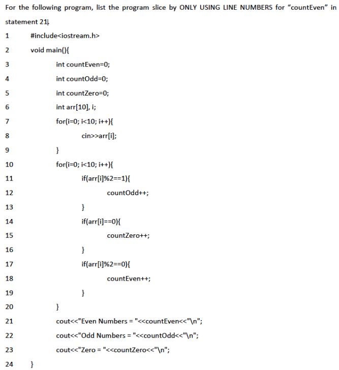 Solved For the following program, list the program slice by | Chegg.com