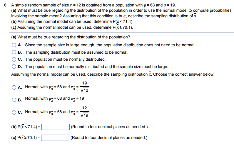 Solved 6. A simple random sample of size n=12 is obtained | Chegg.com