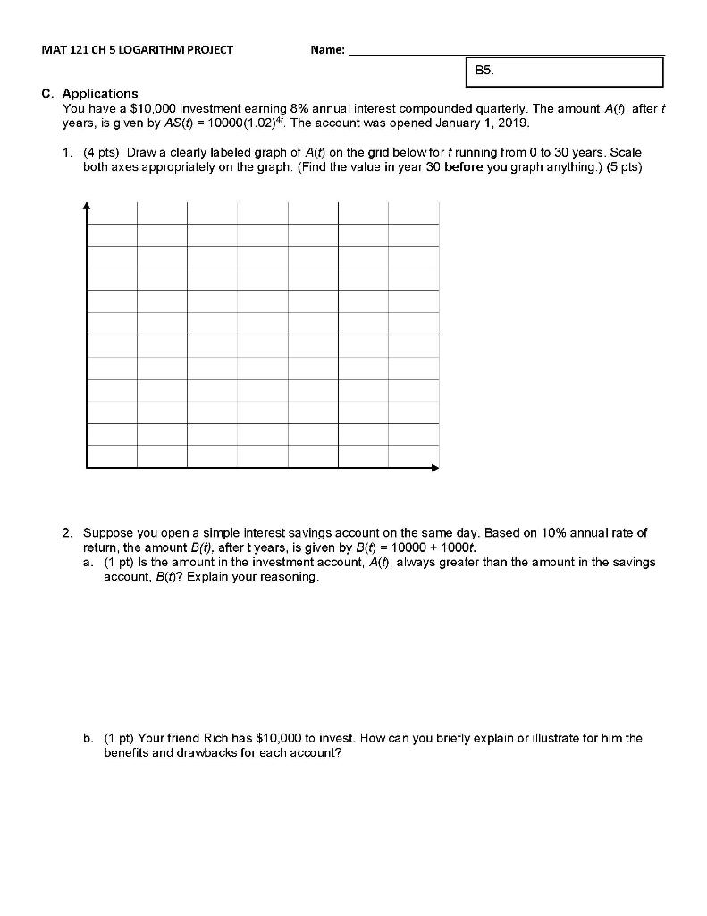 Solved MAT 121 CH 5 LOGARITHM PROJECT Name: Real World | Chegg.com