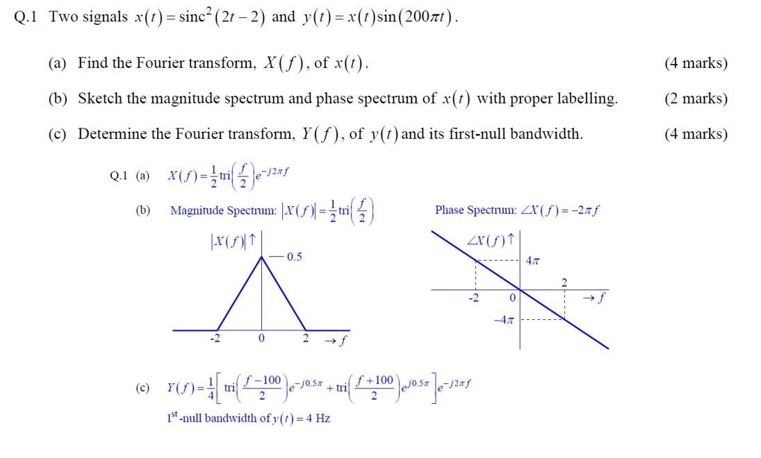 Solved Q.1 Two signals x(t) = sinc? (2t - 2) and y(t) = | Chegg.com
