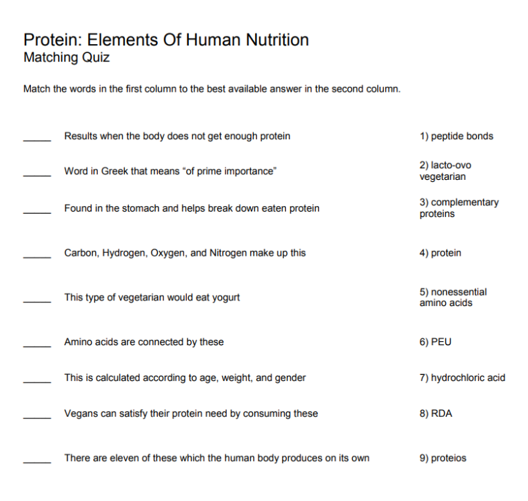 Solved Protein: Elements Of Human Nutrition Matching Quiz | Chegg.com