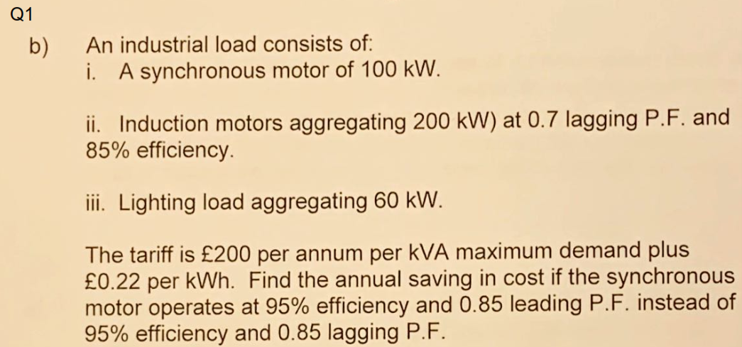 Solved An industrial load consists of: i. A synchronous | Chegg.com