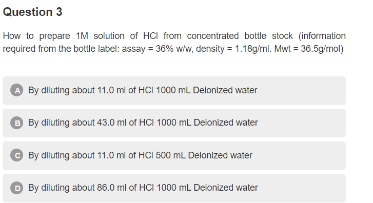 Solved How to prepare 1M solution of HCl from concentrated | Chegg.com