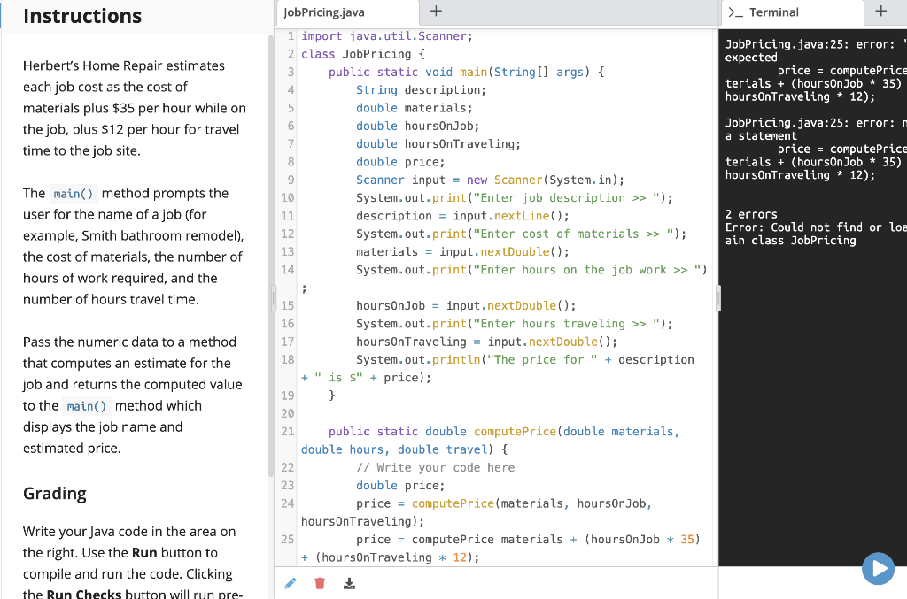 Solved Instructions + >_ Terminal JobPricing.java:25: error: | Chegg.com
