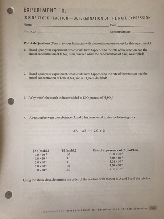 Solved EXPERIMENT 10: IODINE CLOCK REACTION- DETERMINATION | Chegg.com
