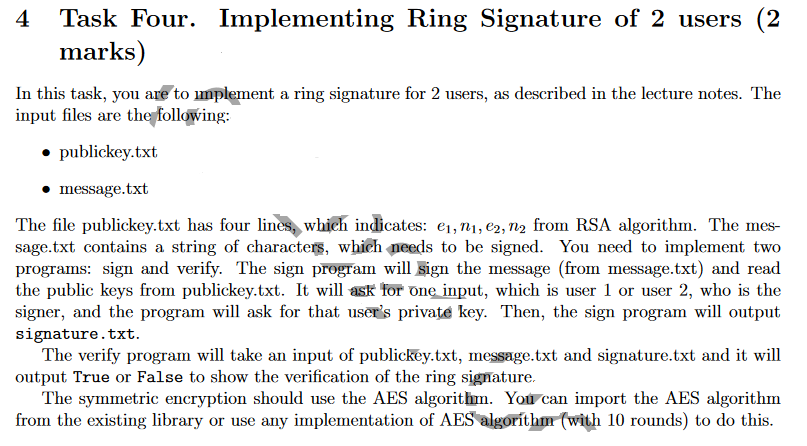 4 Task Four. Implementing Ring Signature of 2 users | Chegg.com