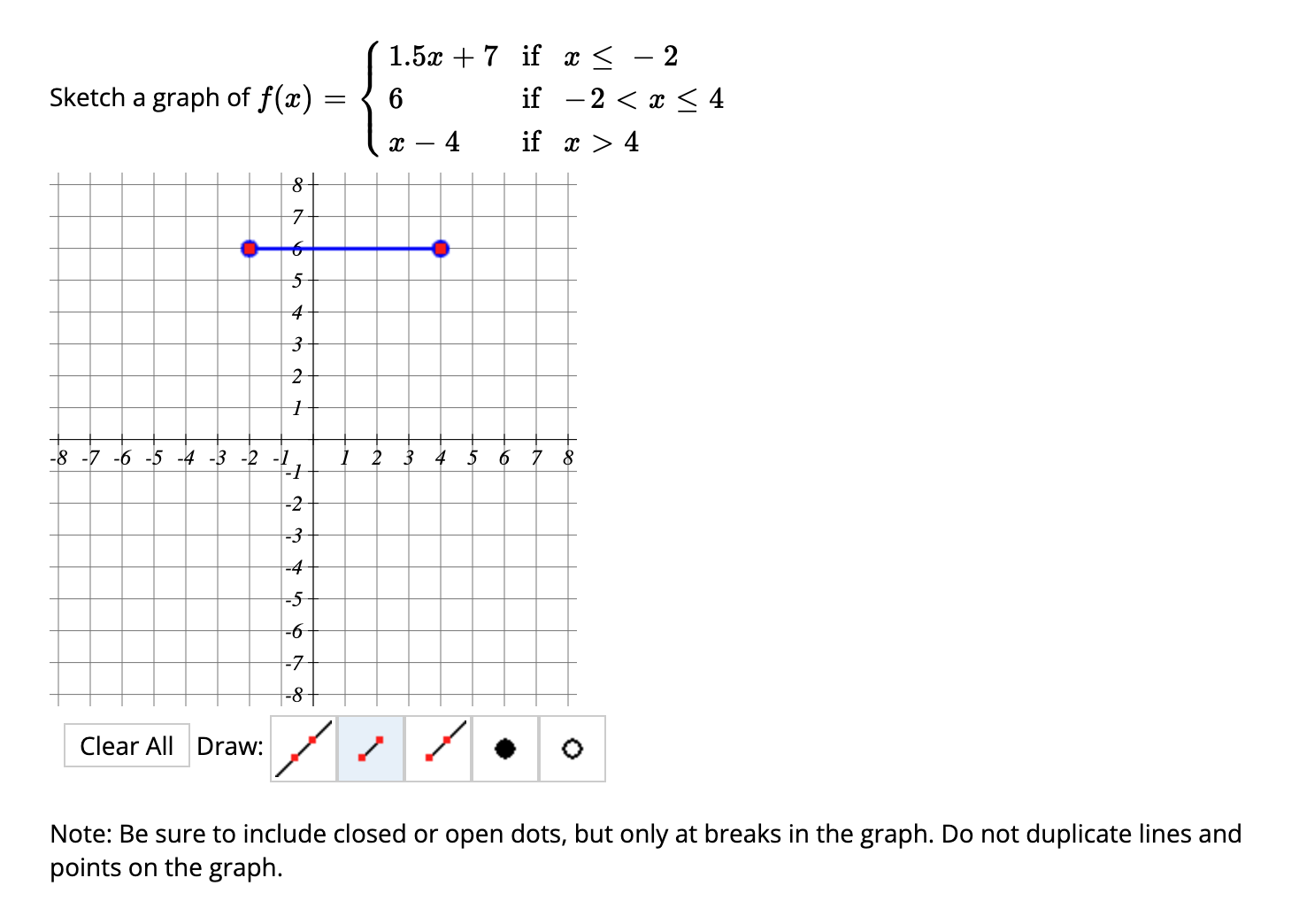 Solved Sketch a graph of f(x)=⎩⎨⎧1.5x+76x−4 if x≤−2 if −2 | Chegg.com