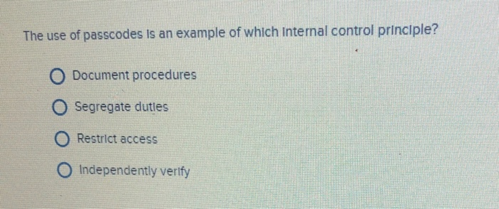 Solved The use of passcodes is an example of which internal | Chegg.com