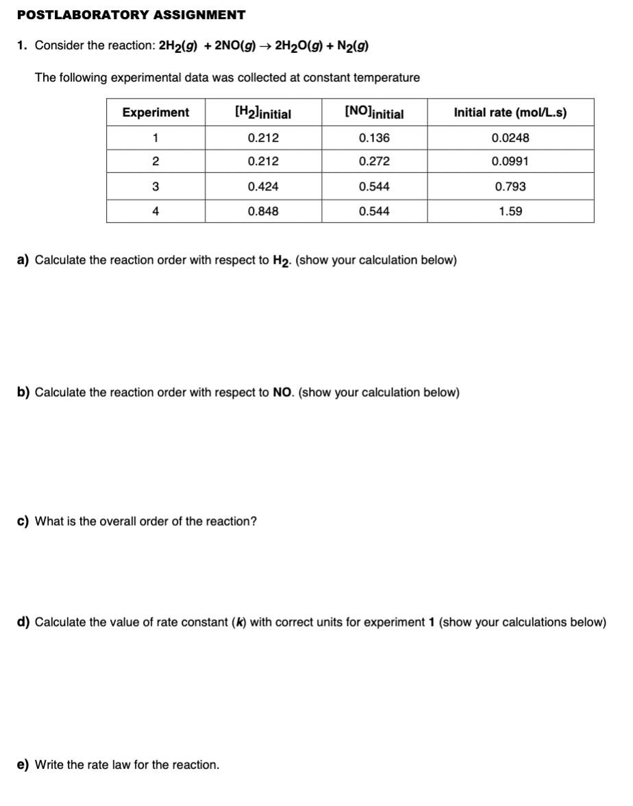 Solved POSTLABORATORY ASSIGNMENT 1. Consider the reaction: | Chegg.com
