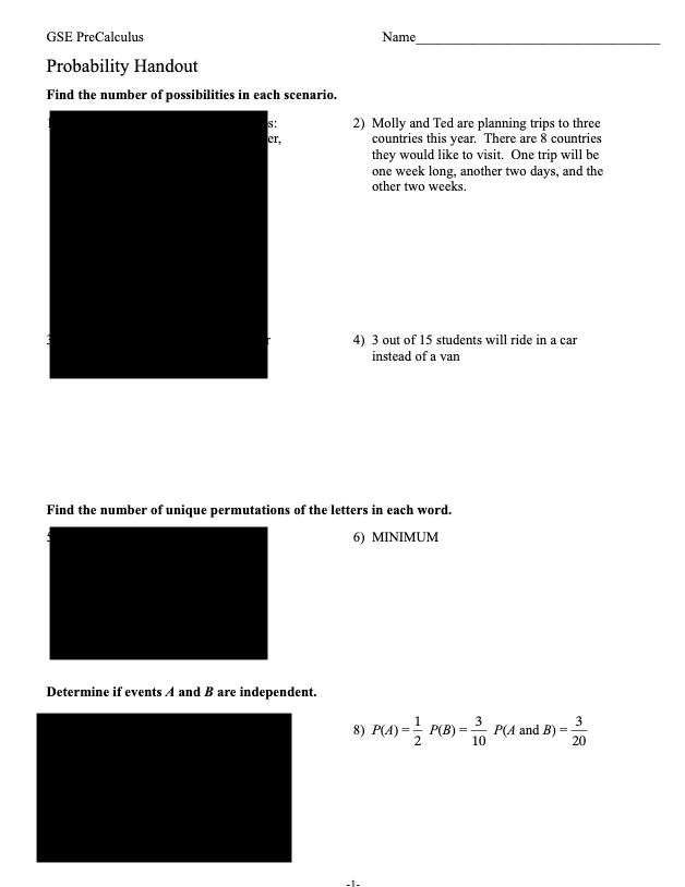 Solved GSE PreCalculus Name Probability Handout Find the | Chegg.com