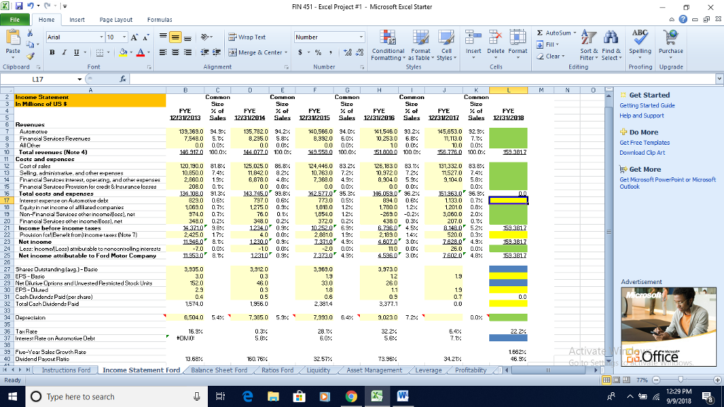FIN 451-Excel Project #1. Microsoft Excel Starter | Chegg.com