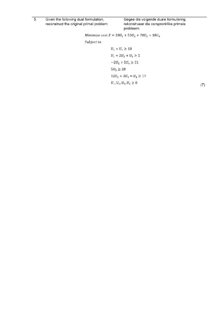 Solved 5 Given the following dual formulation, Gegee die vo | Chegg.com