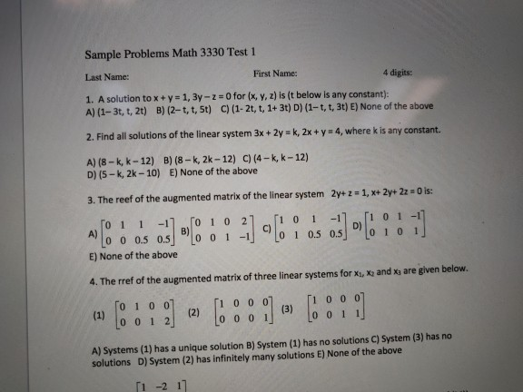 Solved Sample Problems Math 3330 Test 1 Last Name: First | Chegg.com