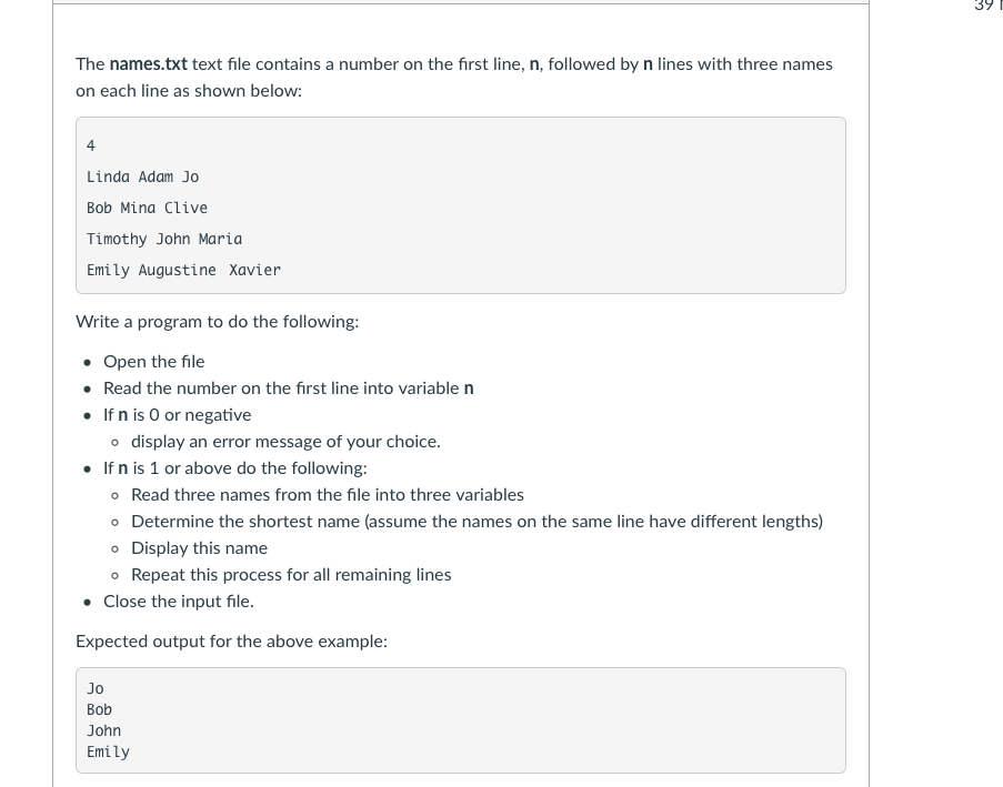 Solved 39 The names.txt text file contains a number on the | Chegg.com