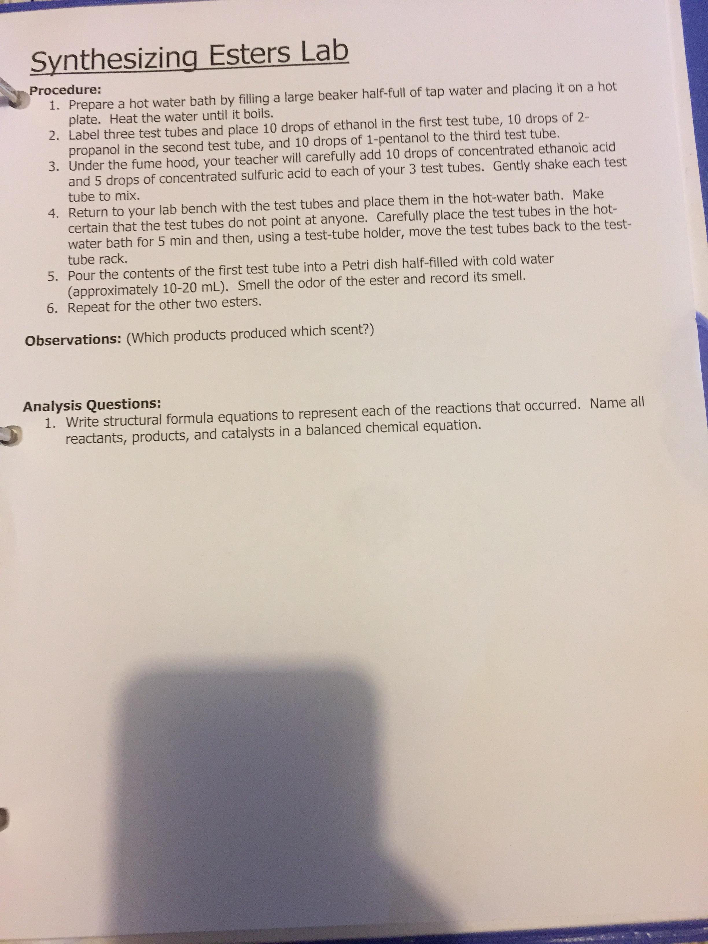 Solved Synthesizing Esters Lab Procedure: 1. Prepare a hot | Chegg.com