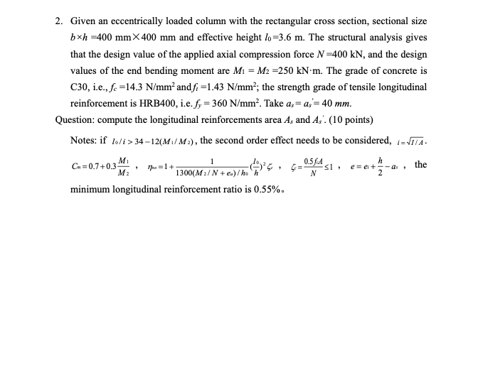 Solved 2. Given an eccentrically loaded column with the | Chegg.com