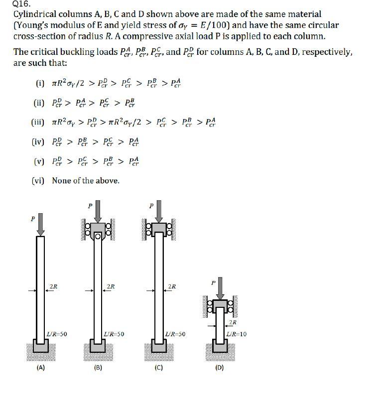 Solved Q16. Cylindrical columns A, B, C and D shown above | Chegg.com