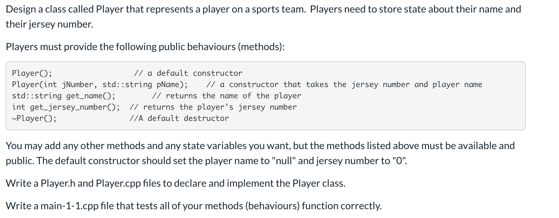 Solved Design a class called Player that represents a player | Chegg.com