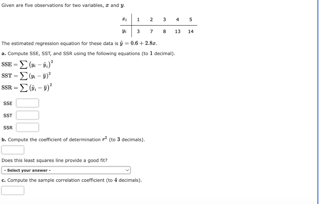 Solved Given are five observations for two variables, x and | Chegg.com