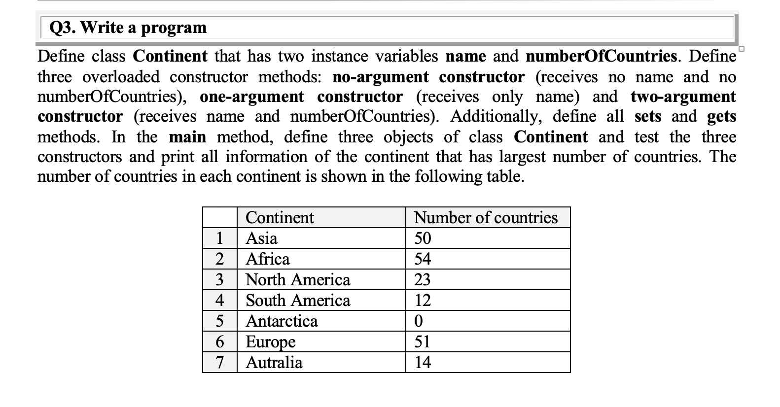 Solved Q3. Write a program Define class Continent that has | Chegg.com