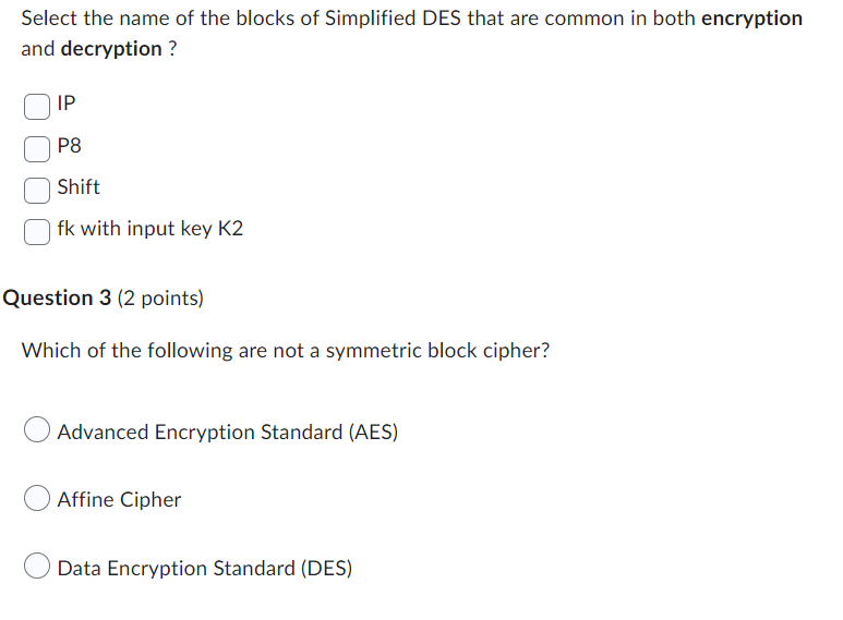 Solved Select the name of the blocks of Simplified DES that | Chegg.com