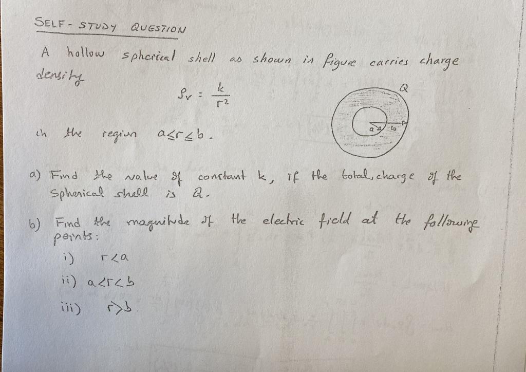 Solved SELF-STUDY QUESTION A carries charge hollow spherical | Chegg.com