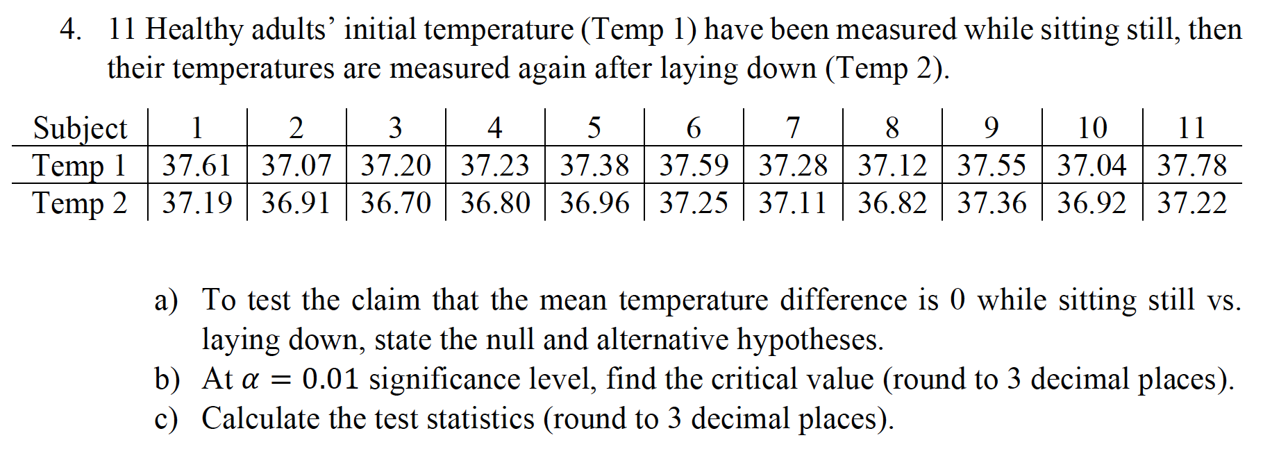 Solved 4. 11 Healthy adults' initial temperature (Temp 1) | Chegg.com