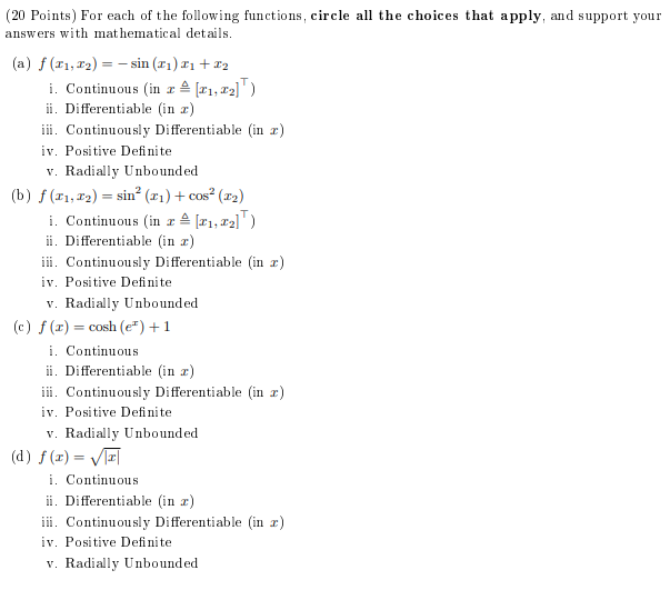 Solved (20 ﻿Points) ﻿For each of the following functions, | Chegg.com
