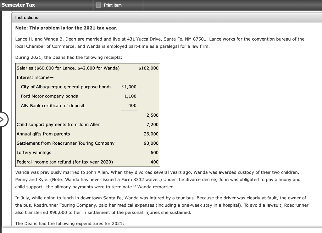 Solved Lance H. and Wanda B. Dean are married and live at | Chegg.com