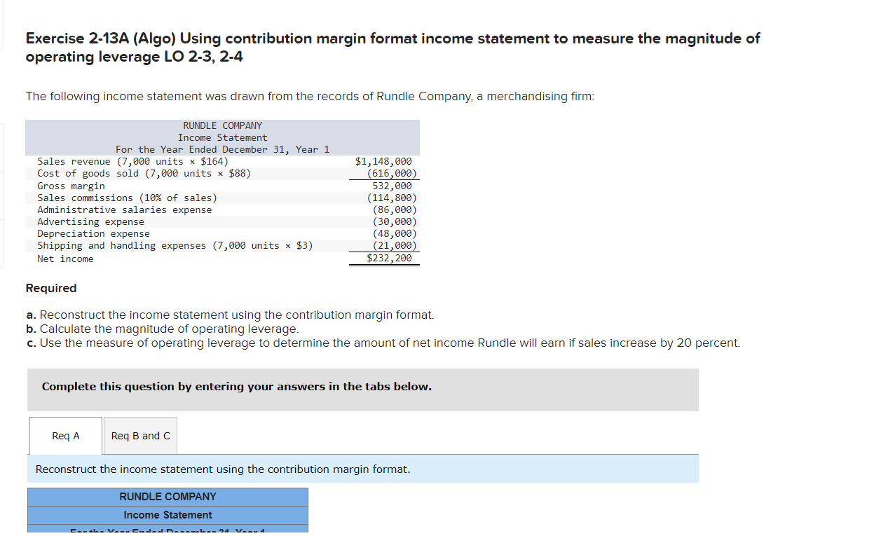 Solved Exercise 2-13A (Algo) Using contribution margin | Chegg.com