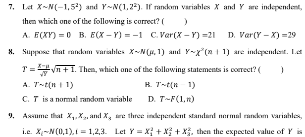 Solved 7. Let X~N(-1,52) and Y~N(1,22). If random variables | Chegg.com