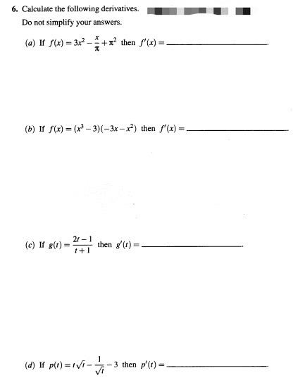 Solved 6. Calculate the following derivatives. Do not | Chegg.com