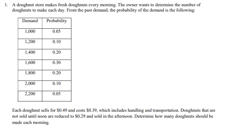 Solved 1. A doughnut store makes fresh doughnuts every | Chegg.com