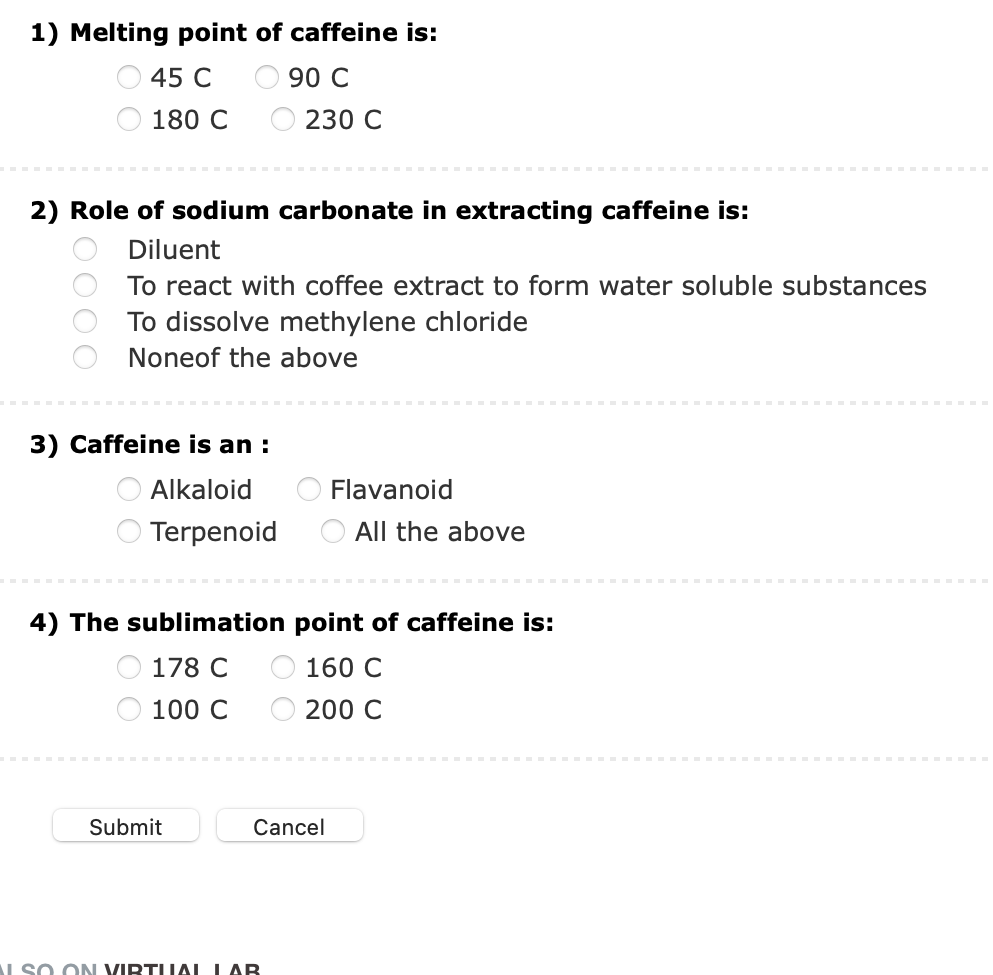 Solved 1) Melting point of caffeine is: 45 C 90 C 180 C 230 | Chegg.com
