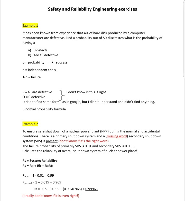Solved Safety and Reliability Engineering exercises Example | Chegg.com