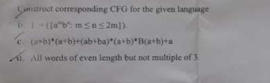 Construct corresponding CFG for the given language | Chegg.com