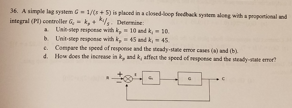 Solved 36. A simple lag system G = 1/(s + 5) is placed in a | Chegg.com