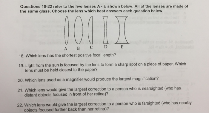 Solved Questions refer to the five lenses A - E shown below. | Chegg.com