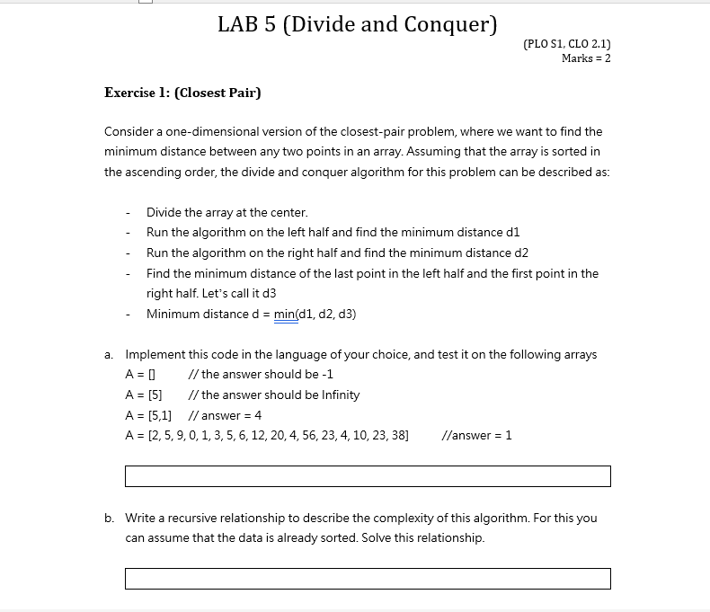 Solved Exercise 1: [Closest Pair] Consider a one-dimensional | Chegg.com