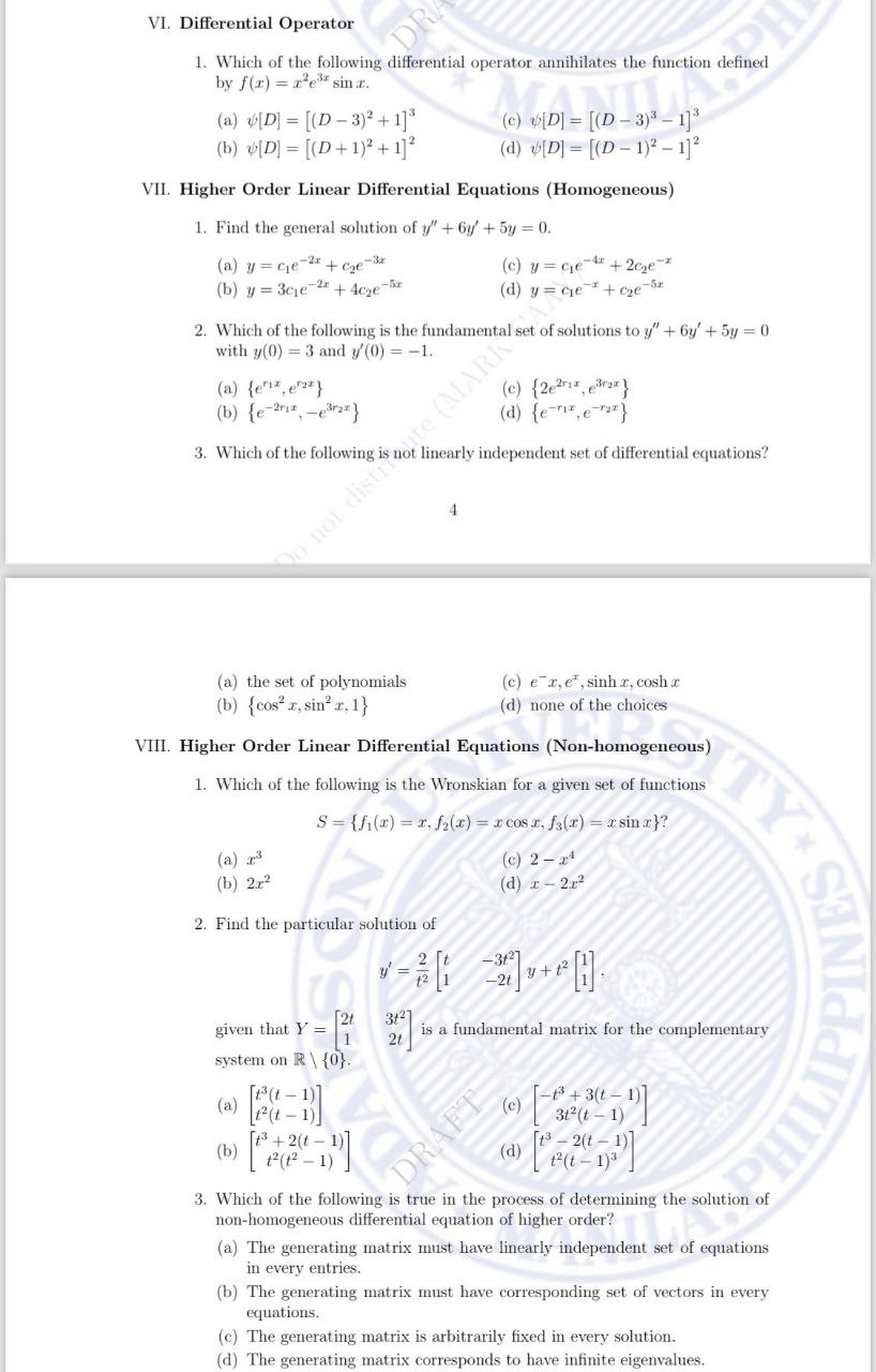 Solved VI. ﻿Differential OperatorWhich of the following | Chegg.com