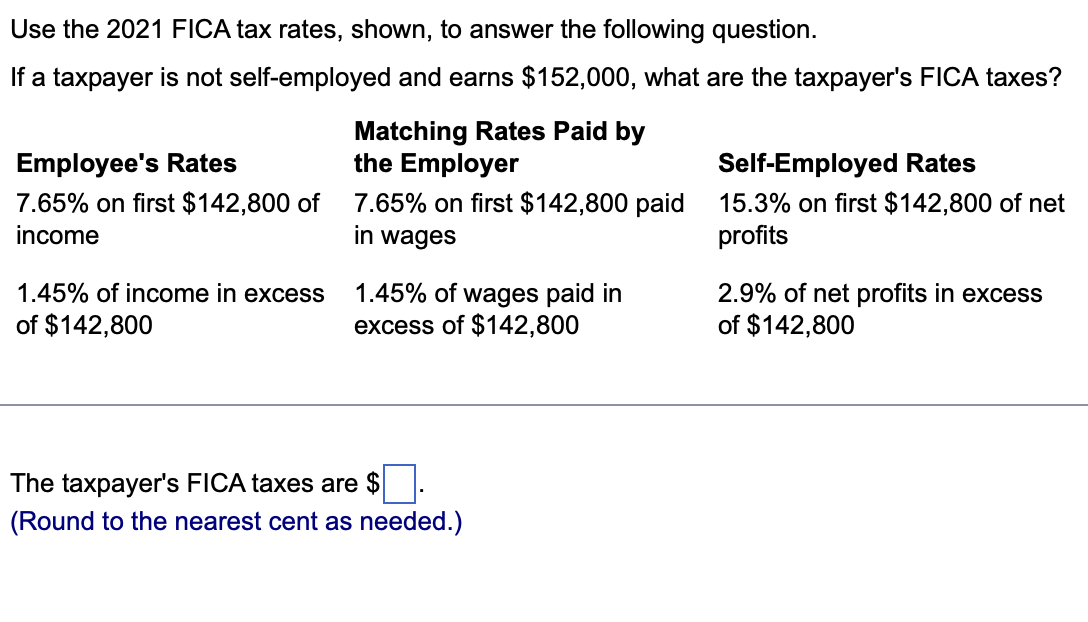 Solved Use the 2021 FICA tax rates, shown, to answer the | Chegg.com
