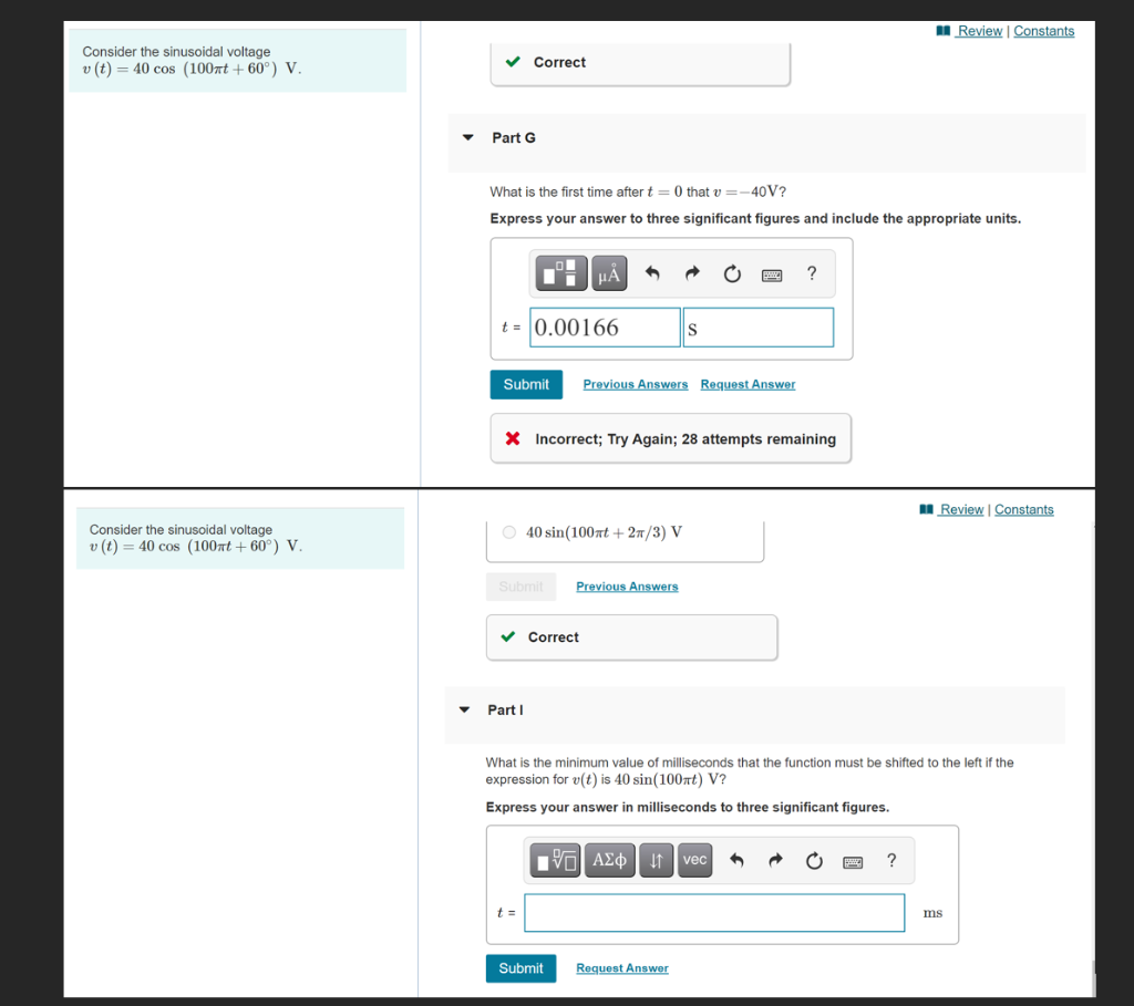 Solved Review Constants Consider the sinusoidal voltage v | Chegg.com